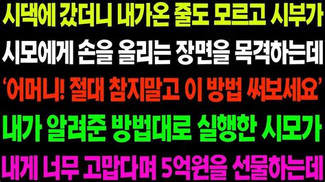 실화사연 시댁에 갔더니 내가 온 줄도 모르고 시부가 시모에게 손을 올리고 있길래 시모에게 특급 방법을 알려줬더니 기적 같은 일이 사이다 사연 감동사연 톡톡사 Youtube