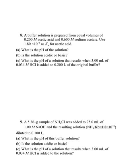 Solved 8. A buffer solution is prepared from equal volumes | Chegg.com