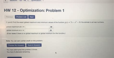 Solved Webwork Hw 12 Optimization HW 12 Optimization Chegg Com
