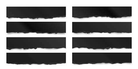 흰색 배경에 격리된 찢어진 검은색 종이 스트립 가장자리가 찢어진 현실적인 구겨진 종이 조각 노트북 페이지 조각 벡터 그림입니다 찢기에 대한 스톡 벡터 아트 및 기타 이미지