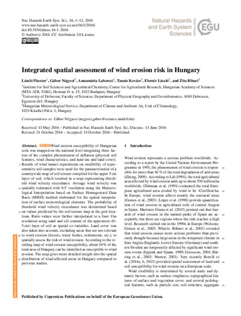 Pdf Integrated Spatial Assessment Of Wind Erosion Risk In Hungary