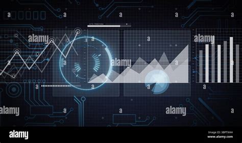 Displaying Circular Hud Element Glowing On Dark Grid Ui With Line Graph Area Chart Bar Chart