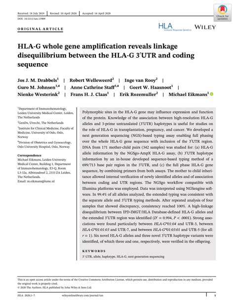 Pdf Hla‐g Whole Gene Amplification Reveals Linkage Disequilibrium Between The Hla‐g 3 Utr And