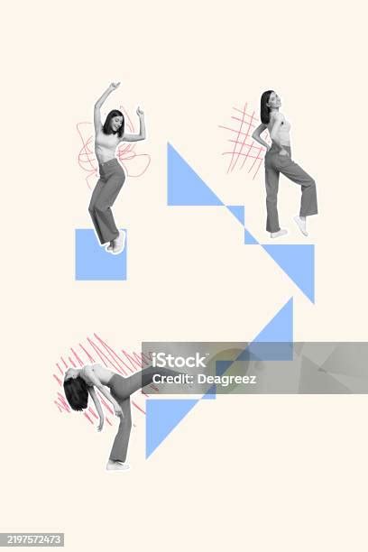 수직 이미지 콜라주 행복 소녀 댄스 포즈 파티 휴식 레저 콘서트 공연 액션 움직임 페인트 배경에 고립 Rehearsal에 대한 스톡 사진 및 기타 이미지 Istock