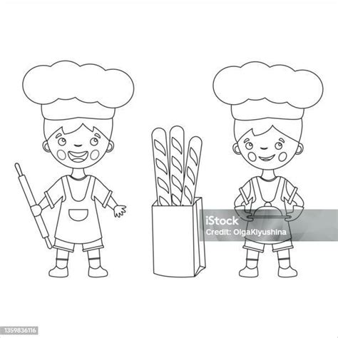 접시 롤링 핀 바게트로 만화 트위스트를 착색 앞치마와 요리사의 모자를 쓰고 있는 작은 요리사 직업 어린이를위한 색칠 공부책 벡터