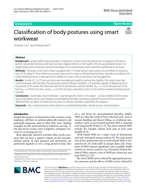 Lins Classification Of Body Postures Using Smart Workwear Pdf Risk Accelerometer