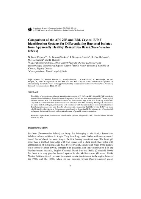 Pdf Comparison Of The Api 20e And Bbl Crystal E Nf Identi¢cation Systems For Di¡erentiating
