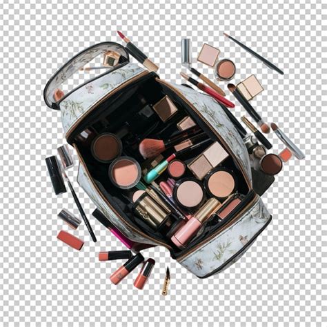 Flat Lay Of An Open Makeup Bag With Assorted Beauty Products Spilling