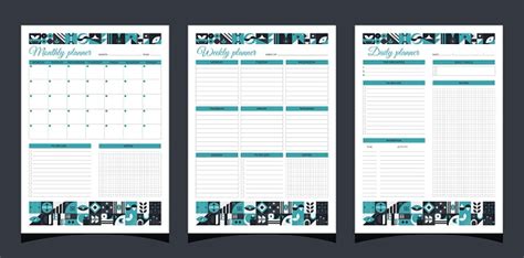 플래너 세트 지오메트리 주간 및 월간 및 일일 플래너 플래너는 기하학적 모양으로 인쇄할 수 있는 템플릿입니다 빈 흰색 노트북 페이지 A4 0명에 대한 스톡 벡터 아트 및