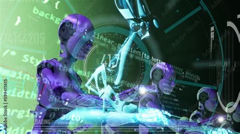 D Render Animation Of Humanoid Robot Female Girl Working On Programming Binary Code Writing
