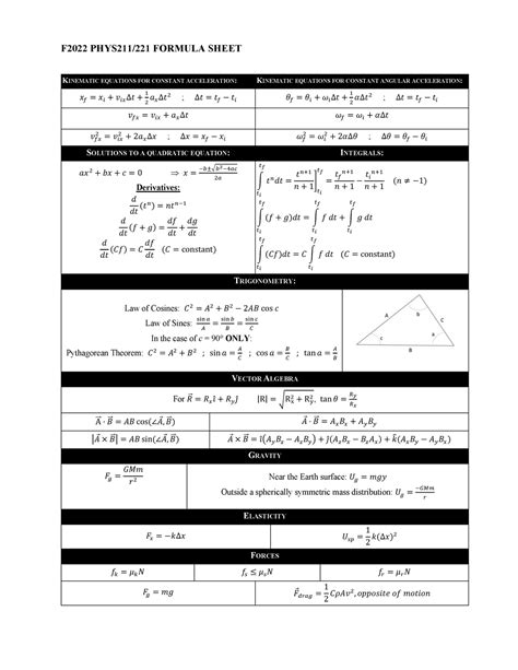 F2022 Phys211221 Formula Sheet F2022 Phys211221 Formula Sheet