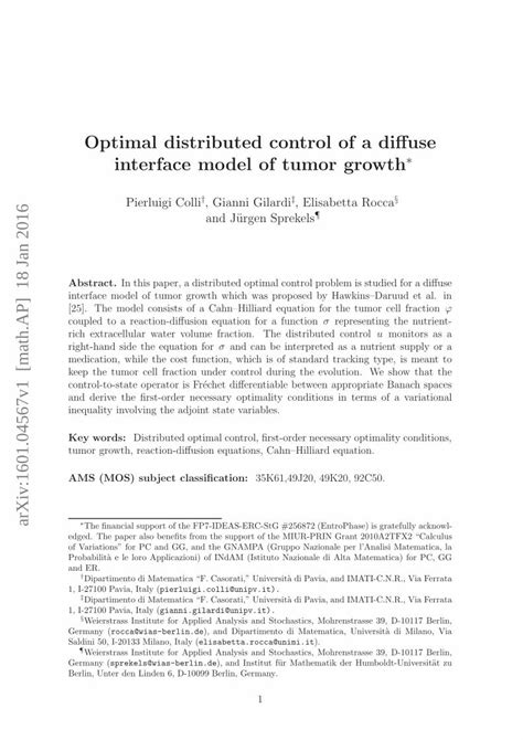 Pdf Optimal Distributed Control Of A Diffuse Interface Model Of Tumor
