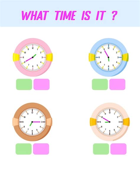 몇시입니까 시계 학습 시간 어린이와 유아를 위한 교육 활동 워크시트 유치원 게임 시계가 있는 퍼즐 어린이를 위한 교육 게임 프리미엄 벡터