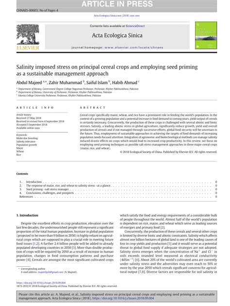 Pdf Salinity Imposed Stress On Principal Cereal Crops And Employing