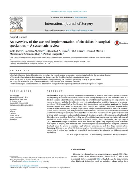 Pdf An Overview Of The Use And Implementation Of Checklists In Surgical Specialities A