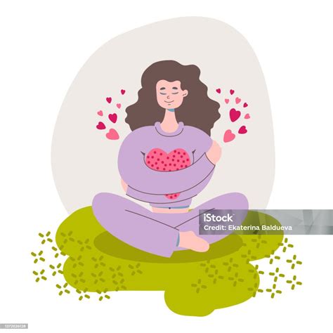 웃고 있는 여자가 자신을 껴안고 있다 자신을 사랑 자기 관리 신체 관리 자기 수용 몸 긍정적 인 개념 손으로 그린 벡터 플랫 만화 스타일 일러스트 개념에 대한 스톡 벡터