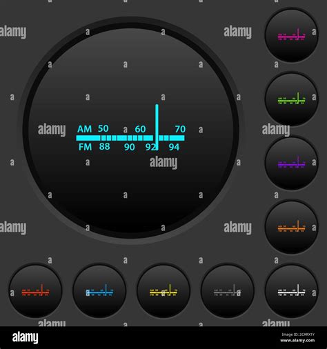 Radio Tuner Dark Push Buttons With Vivid Color Icons On Dark Grey Background Stock Vector Image