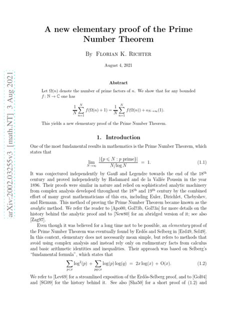 A New Elementary Proof Of The Prime Number Theorem By Florian K Richter Pdf Logarithm