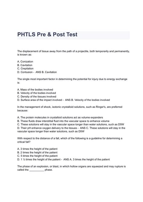 phtls pre and post test questions and answers 2023 a graded 100