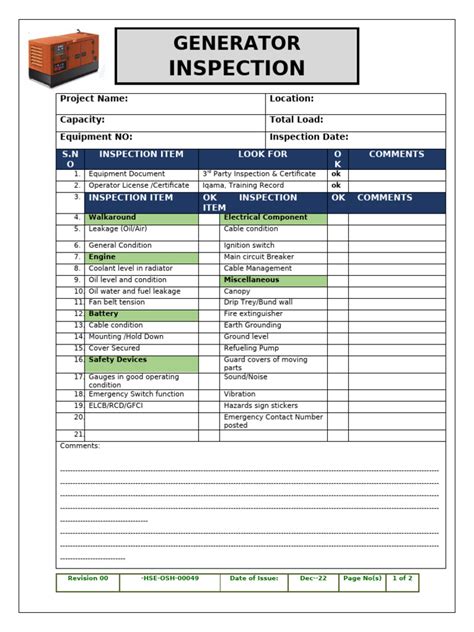 Generator Inspection Check List Pdf Generator Inspection Check List Pdf