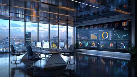 Modern Office With Digital Dashboard Showing Business Kpis Professionals Analyzing Trends Stock