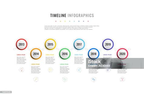 흰색 배경에 8 라운드 요소 연도 표시 및 텍스트 상자와 수평 비즈니스 타임 라인 현실적인 3d 종이 컷 인포 그래픽 현대 벡터 회사 프리젠 테이션 슬라이드 템플릿 Eps