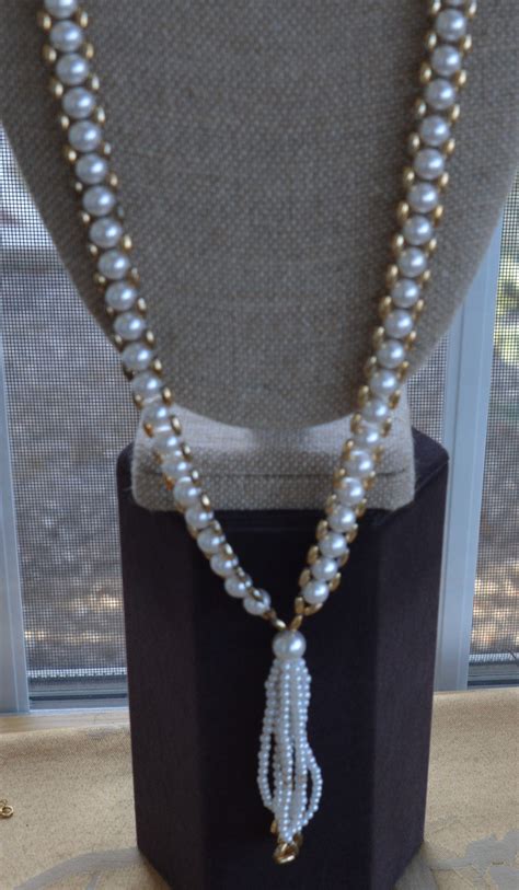 White Faux Pearl Tassel Beade Necklace Gold Tone Vintage Etsy