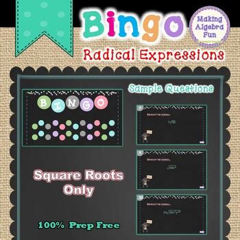 Bingo Game Algebra Simplifying Radical Expressions Square Roots Only