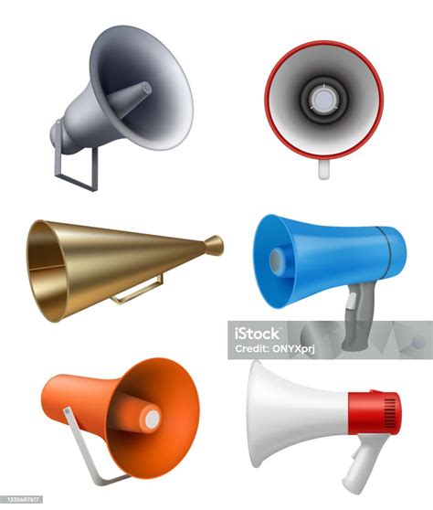 현실적인 메가 폰 광고 음성 기호 인명 구조 스피커 소음 경보 음성 괜찮은 벡터 일러스트를 위한 통신 물건 3차원 형태에 대한 스톡 벡터 아트 및 기타 이미지 Istock