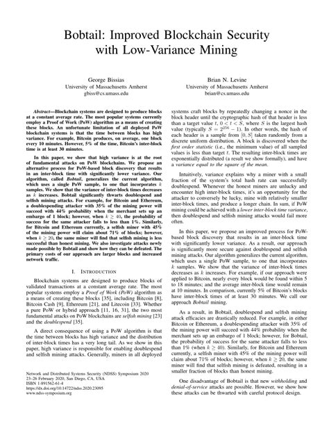 Pdf Bobtail Improved Blockchain Security With Low Variance Mining