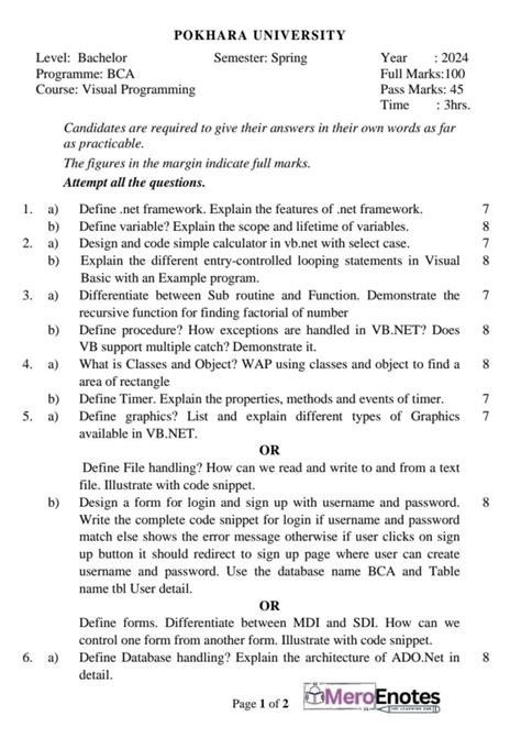Pokhara University Pu Bca Visual Programming Question Paper 4th Semester Mero Enotes
