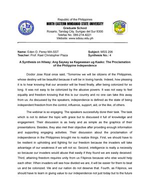 Synthesis Republic Of The Philippines NORTH EASTERN MINDANAO STATE UNIVERSITY Graduate