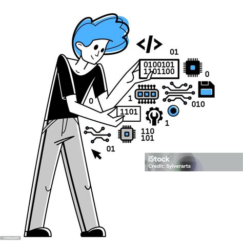 작업 벡터 개요 그림의 컴퓨터 엔지니어 일부 운영 체제로 작업을 수행하는 프로그래머 및 시스템 관리자 개발에 대한 스톡 벡터 아트 및 기타 이미지 Istock
