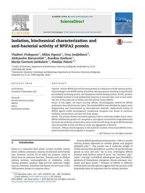 Pdf Isolation Biochemical Characterization And Anti Bacterial Activity Of Bpifa2 Protein