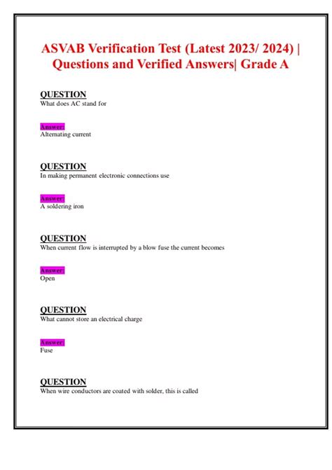 Asvab Verification Test Latest 2023 2024 Questions And Verified Answers Grade A Asvab