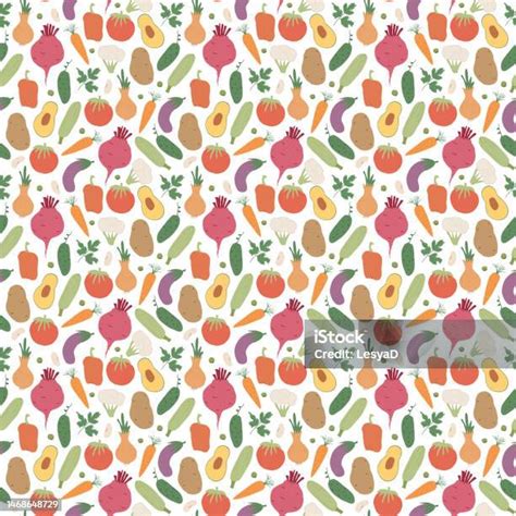 야채 완벽 한 패턴입니다 채식 건강 바이오 식품 배경 비건 유기농 에코 제품 후추 토마토 오이 당근 감자 아보카도 콩과 오줌 벡터 그림 0명에 대한 스톡 벡터 아트 및 기타