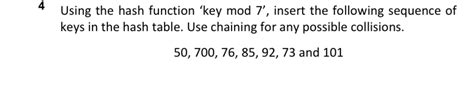 Solved 4 ﻿using The Hash Function Key Mod 7 ﻿insert The