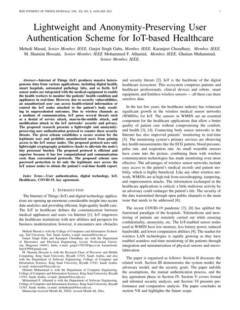 Pdf Lightweight And Anonymity Preserving User Authentication Scheme For Iot Based Healthcare