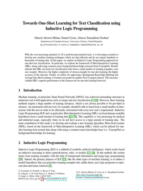 Towards One Shot Learning For Text Classification Using Inductive Logic Programming Pdf Deep