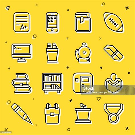 세트 라인 메달 책을 읽는 남자 지우개 또는 고무 책 필통 문구 컴퓨터 모니터 A 플러스 등급의 시험 시트 및 울리는 알람 벨 아이콘 벡터 0명에 대한 스톡 벡터 아트 및