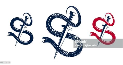 단검은 뱀을 죽이고 뱀을 물리 치며 칼 벡터 빈티지 문신을 감싸고 인생은 싸움 개념이며 삶은 장미 우화 로고 또는 고대 상징의