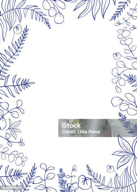 Rectangle Frame With Blue Fern Eucalyptus And Herbs On White Background Chinoiserie Inspired