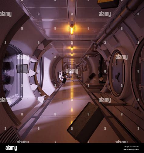 Dark Futuristic Spacecraft Corridor Countless Objects Floating In Zero Gravity Stock Photo Alamy