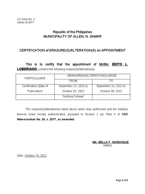 Cs Form No 3 Certificate Of Erasures Alteration Pdf