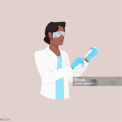 긴 유리 파이펫 과학 화학 실험 초상화를 사용하여 테스트 튜브 아프리카 계 미국인 연구원에 액체 물질을 떨어 뜨리는 보호 안경과 장갑에 남성 과학자 가공의 인물에 대한 스톡