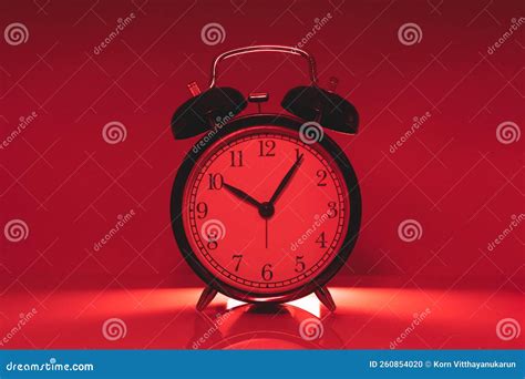 Analog Time Clock On Red Light Color For Times Up Hurry Warning Dangerous Hours Concept Stock