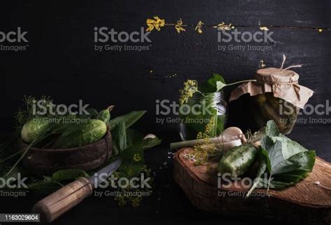 소금에 절인 오이 피클을 만들기위한 향신료와 허브 나무 배경의 상단 보기 가을에 대한 스톡 사진 및 기타 이미지 가을 건강한 식생활 계절 Istock
