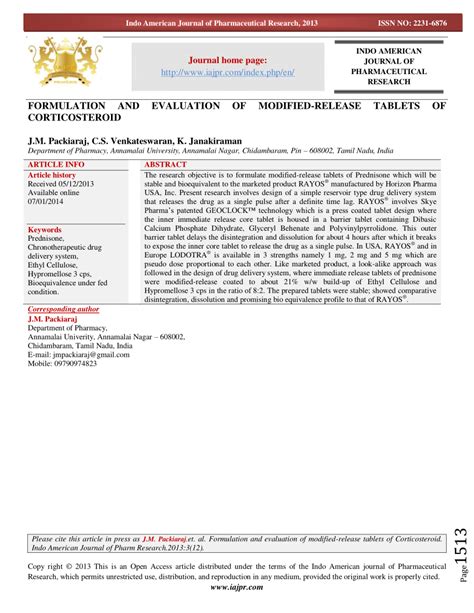 Pdf Formulation Of Modified Release Tablets Of Corticosteroid