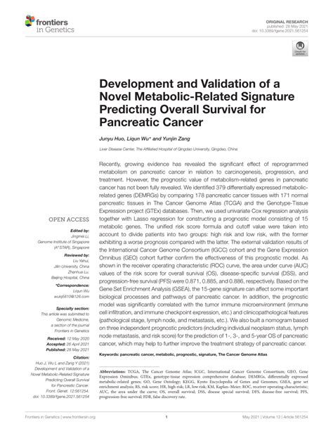 Pdf Development And Validation Of A Novel Metabolic Related Signature Predicting Overall
