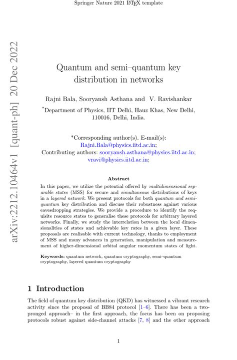 Pdf Quantum And Semi Quantum Key Distribution In Networks